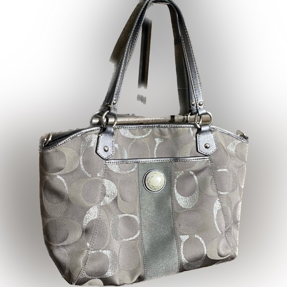 Coach | Bags | Coach Grey And Shiny Grey Canvas Monogram Shoulder Bag ...